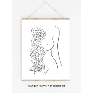 Woman’s Body with Flowers Line Art - 11x14 UNFRAMED Abstract Minimalist Decor Wall Print in Black on White.