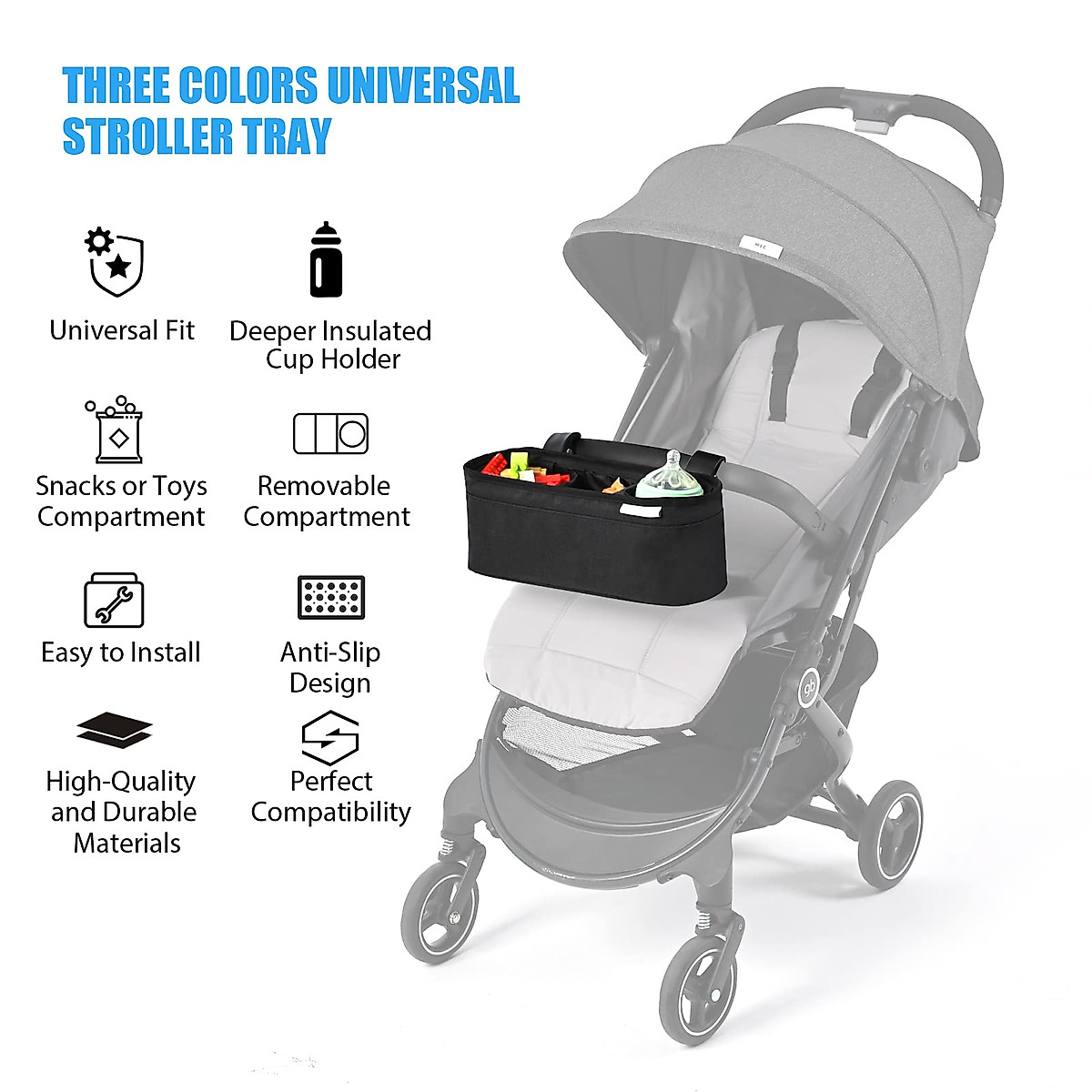 Three Colors Universal Stroller Tray, Stroller Cup Holder, Stroller Snack Tray, Stroller Accessories with Deeper Insulated Cup Holder, Upgraded Alligator Clamp Grip Firmly Stroller Bar, Black