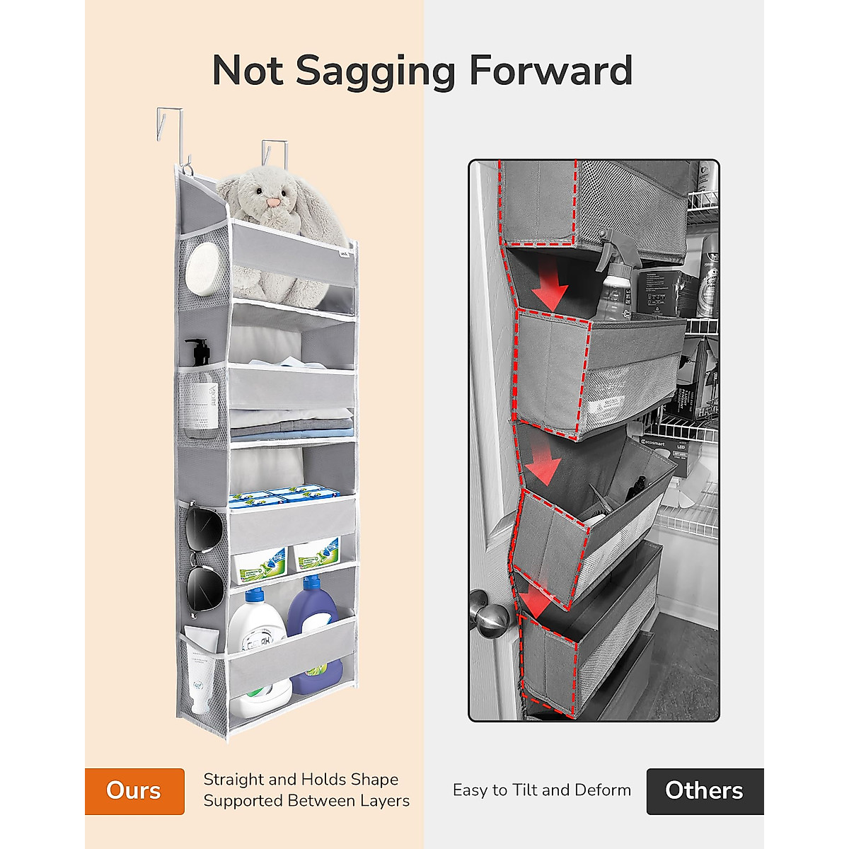 ULG 2 Pack Over The Door Storage Organizer with 4 Pockets 8 Mesh Side Pockets, 36 lbs Weight Capacity Door Hanging Organizers for Bedroom,Bathroom,Nursery,Pantry,Dorm(Light Gray)