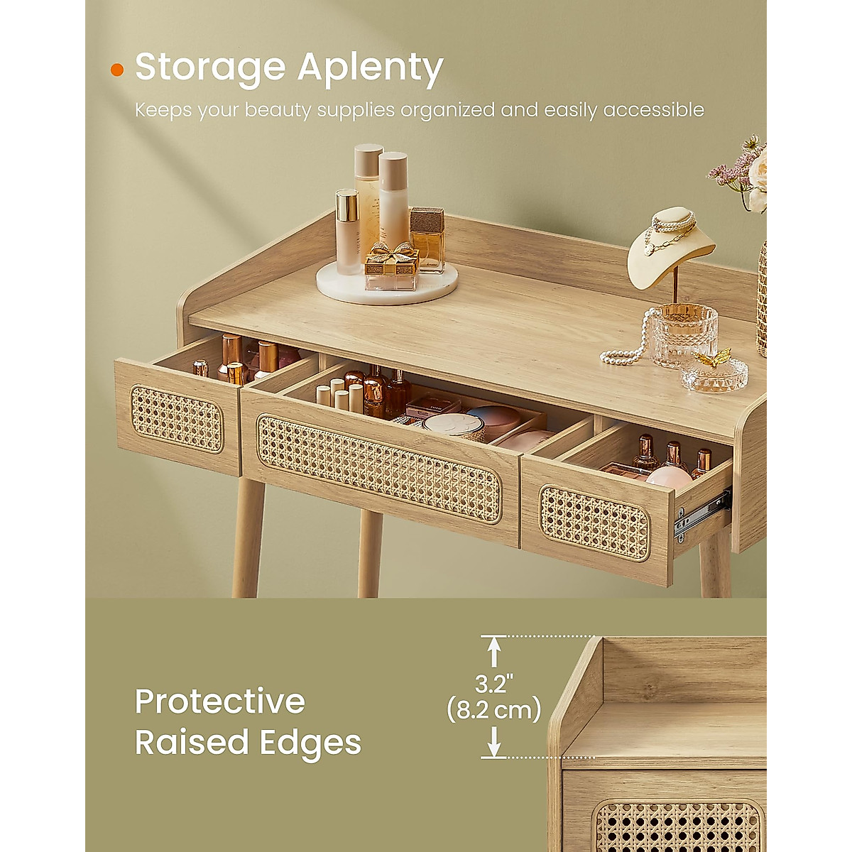 SONGMICS HOME BOHOVEN Collection - Vanity Desk with Mirror and Lights, Makeup Vanity with 3 Rattan-Like Drawers, Touch Control Light with 3 Color Hues, Dimmable, Boho Style, for Bedroom, Oak Beige