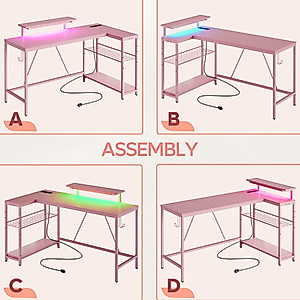 Bestier L Shaped Gaming Desk with Power Outlets,58 LED Small Corner Desk with Reversible Storage Shelves,Pink Computer Desk with Headset Hooks Desk for Living Room and Dormitory