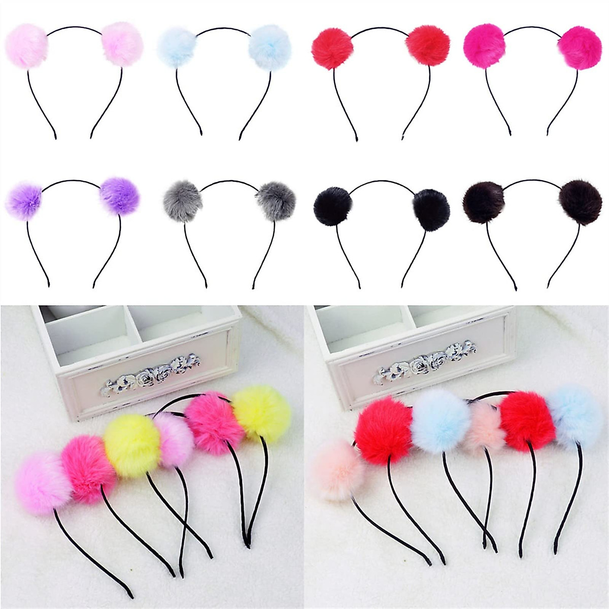 ACTLATI Pompom Ball Headband Fluffy Ball Hair Hoop Ear Headband for Girls Halloween Cosplay Costume