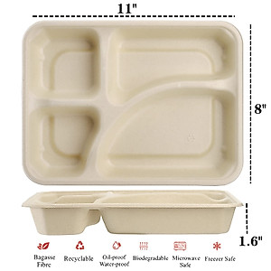 Lyellfe 50 Pack Compostable Paper Plates, Eco-friendly Natural Sugarcane 4 Compartment Plate, Heavy Duty Lunch Tray, Disposable Divided Sectional Plate, Microwave Freezer Safe for Party School