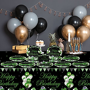 Green Happy Birthday Party Supplies Green Silver Black Party Tableware Includes Confetti Sprinkles Plates Napkins Fork and Green Birthday Tablecloth for Birthday Parties Decorations Set Serve 20