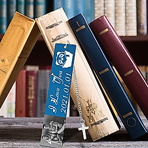 Personalized Engraved Bookmarks with Picture Logo Custom Laser Photo Name Book Mark Customized Metal Bookmarks with Cross for Women Men Teacher Valentine’s Day Gift-Blue