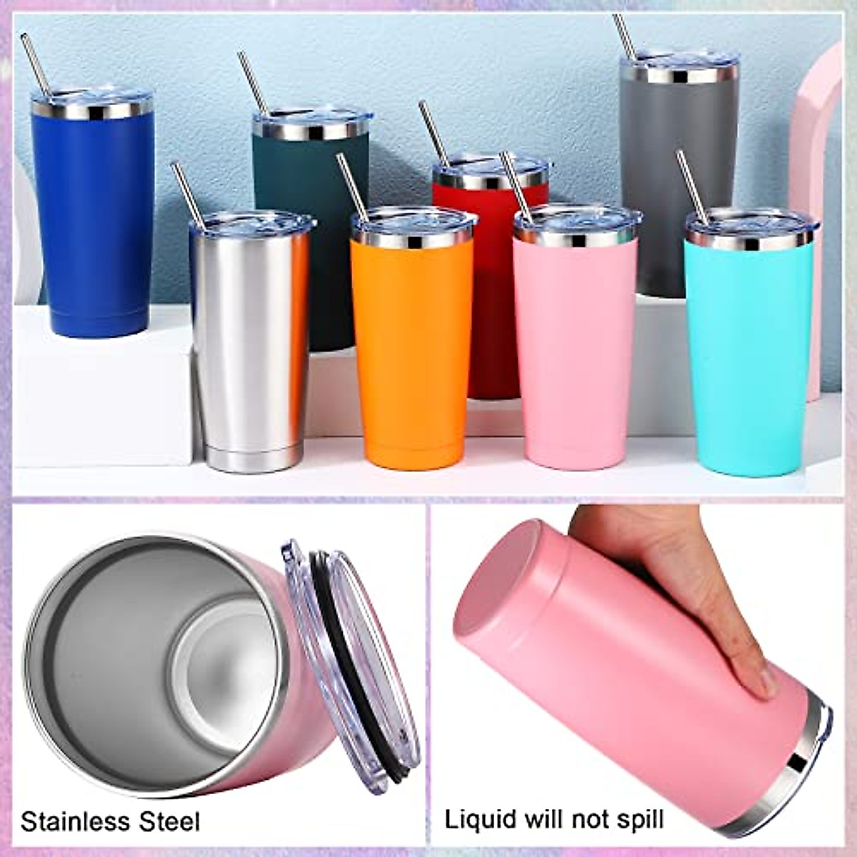 16 Pack Insulated Travel Tumblers 20 Oz Stainless Steel Tumbler Cup with Lid and Straw Powder Coated Coffee Mug for Cold and Hot Drinks(Mutil Colors)