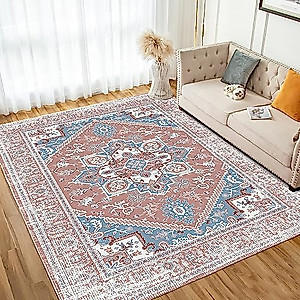 Washable Rug 9'x12' Area Rug for Living Room Bedroom Rug Lightweight Large Area Rug Thin Vintage Rug No Smell Machine Washable Rug Accent Rug for Dining Room Home Kitchen, Blue