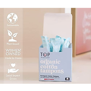 TOP the Organic Project: 100% Organic Pure Cotton Tampons | (Unscented, Dye & Chemical Free. Safe, Thin & Superior Protection), Eco-Conscious, Plant Based Applicator, Regular (16)