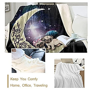 Sleepwish Galaxy Puppy Blanket Cute Pug on The Moon Valentine's Day Sherpa Blanket to The Moon and Back Pug Cozy Comfort Sherpa Blanket (Black, Throw 50"x60")