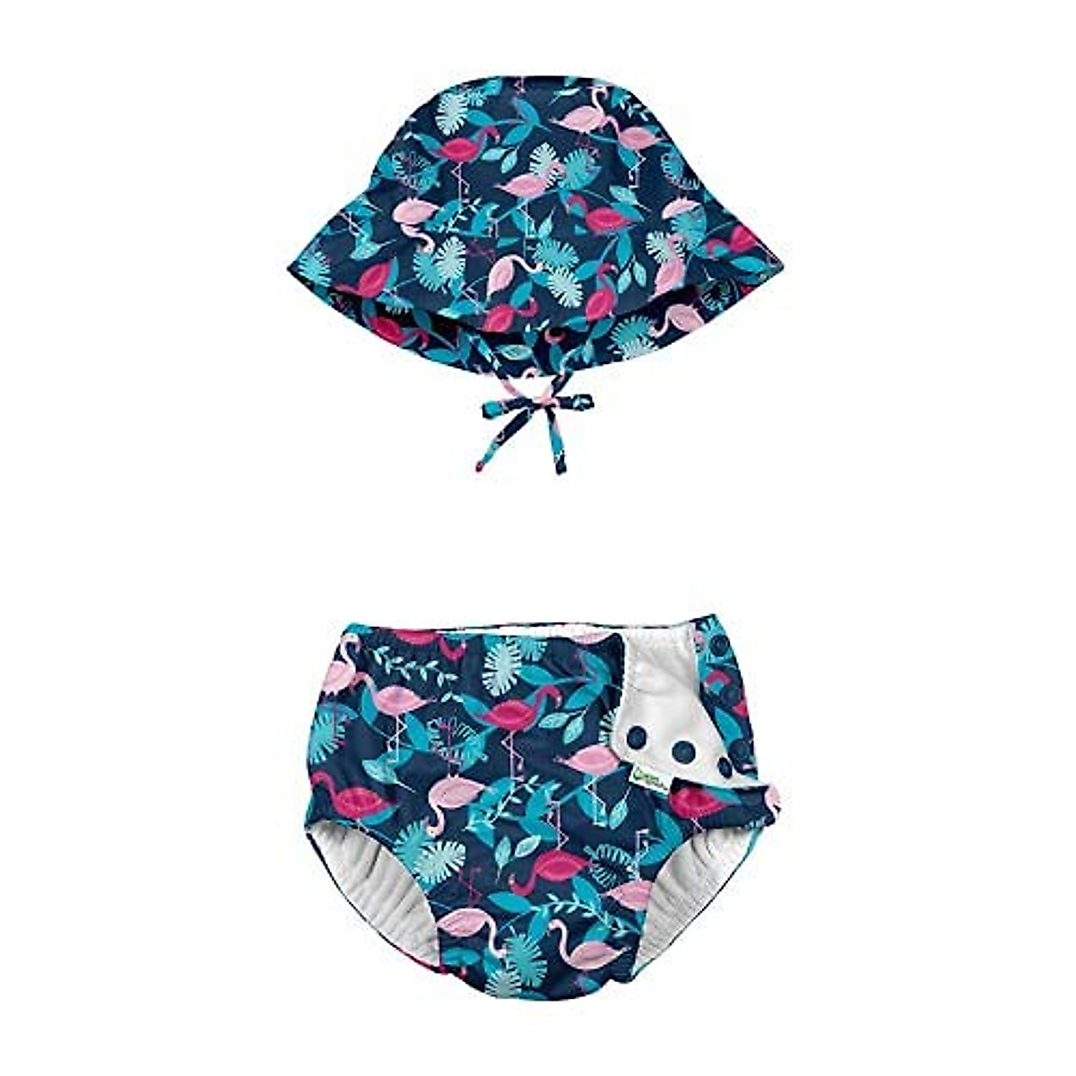 i play. by green sprouts Snap Reusable Swimsuit Diaper and Bucket Sun Protection Hat - Navy Flamingos