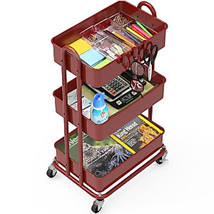 Simple Houseware Heavy Duty 3-Tier Metal Utility Rolling Cart, Red