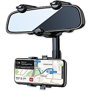 PKYAA Rearview Mirror Phone Holder for Car, 360° Rotating Rear View Mirror Phone Mount with Adjustable Arm Length, Multifunctional Phone and GPS Holder Universal Car Phone Holder for All Smartphones