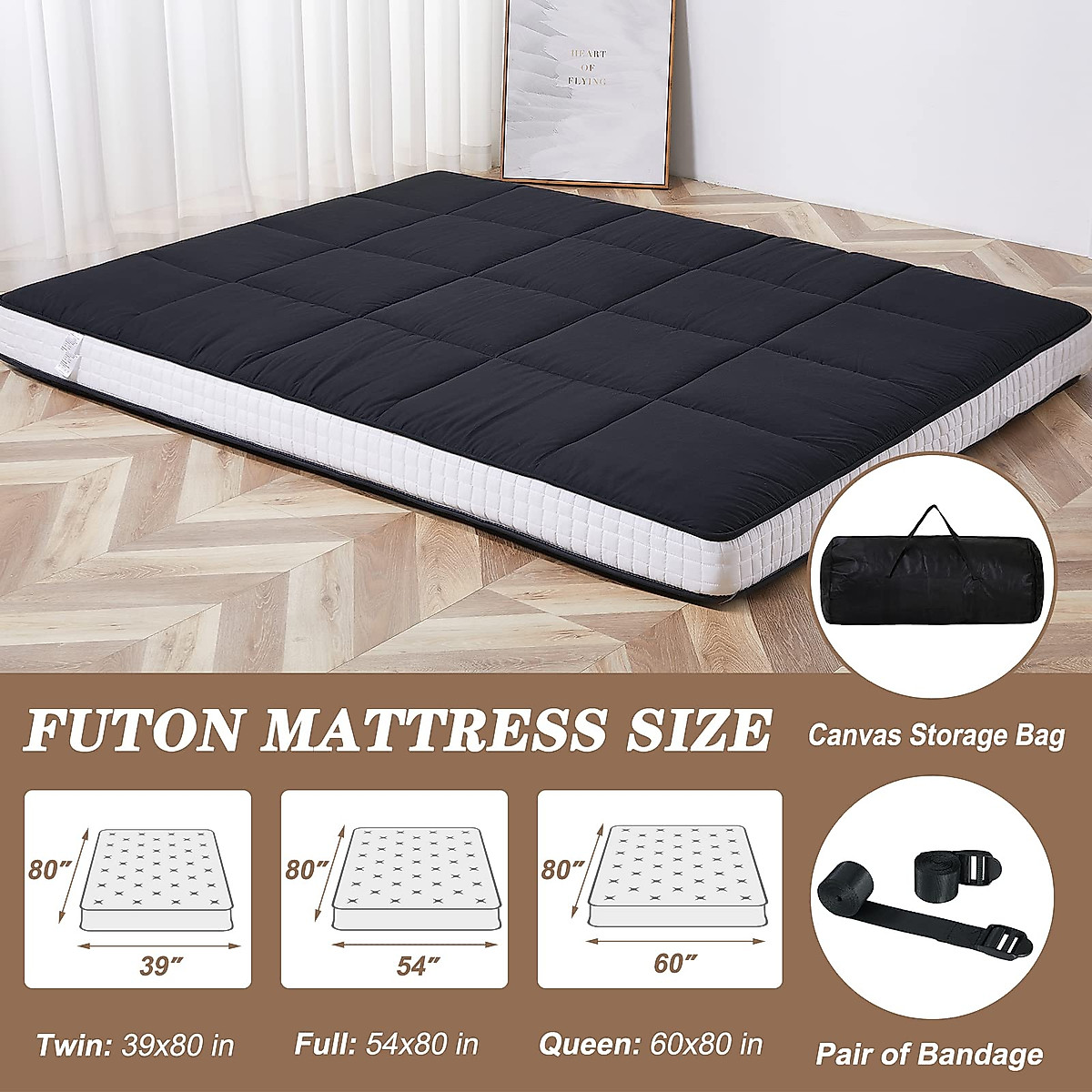 DoCred Full Size Futon Mattress, Extra Thick Foldable Japanese Floor Mattress Memory Foam Sleeping Pad for Adults - Roll Up Mattress Tatami Mat Folding Sleeping Pad Breathable Floor Lounger Guest Bed
