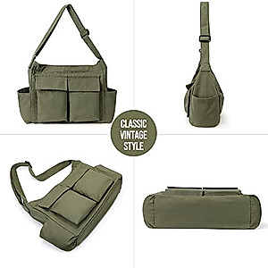 Canvas Messenger Bag Hobo Shoulder Bag Crossbody Bag with Multiple Pockets Large Tote Bag Handbag for Teen Girls Women Men (Army Green)
