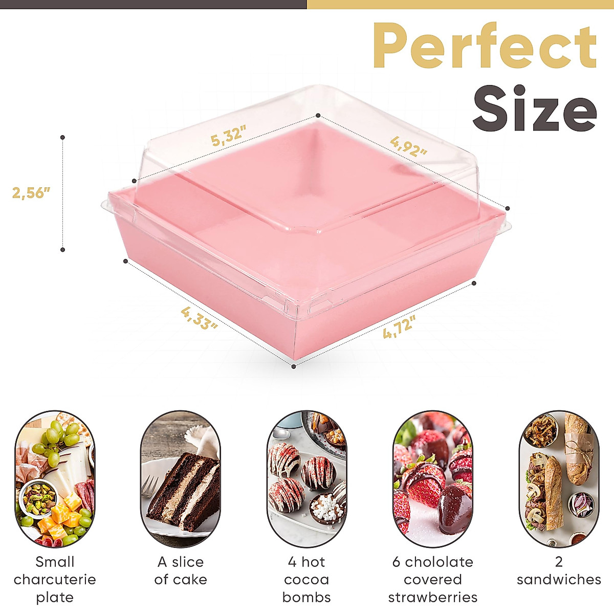 Leafiew 50 Pack Bakery Boxes - Small Dessert Boxes To Go - 5 Inch Paper Mini Cake Boxes, Clear Treat Boxes, Disposable Cookie Cake Slice Containers for Charcuterie, Strawberries, Baked Goods (Pink)