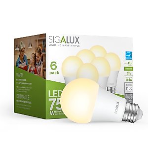 Sigalux A19 LED Light Bulb Energy Star Certified, 75 Watt Equivalent, Dimmable LED Bulb Soft White 2700K 1100LM 11.5W, E26 Standard Led Bulbs, UL Listed, 6 Pack,0075682701