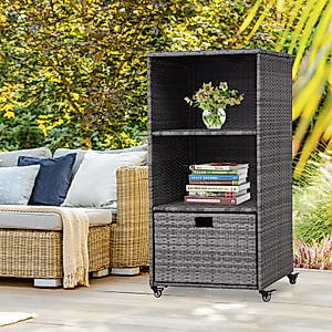 Kinpaw Outdoor Towel Cabinet with Drawer - Waterproof Storage Cabinet Organizer, Freestanding PE Rattan Wicker Shelf for Pool, Patio, Hot Tub Spa, Indoor, Smoke Grey