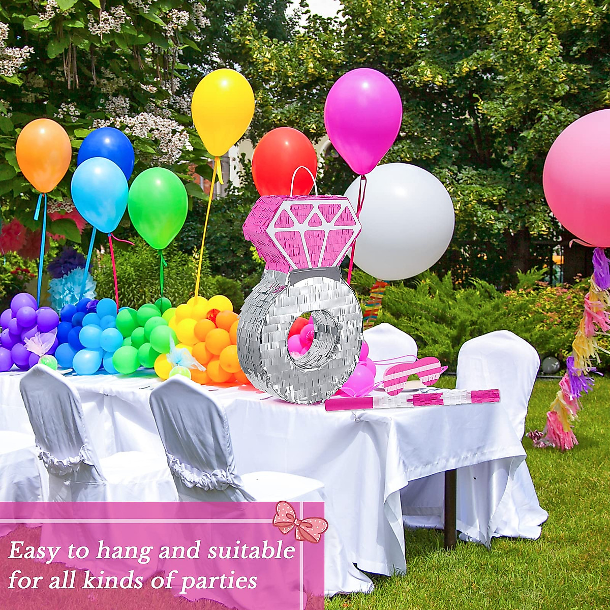 Diamond Ring Piñata for Engagement Princess Piñata Bridal Bachelorette Party Supplies Wedding Theme Decoration with Blindfold and Stick, 15 x 10 x 3 Inches(Pink)