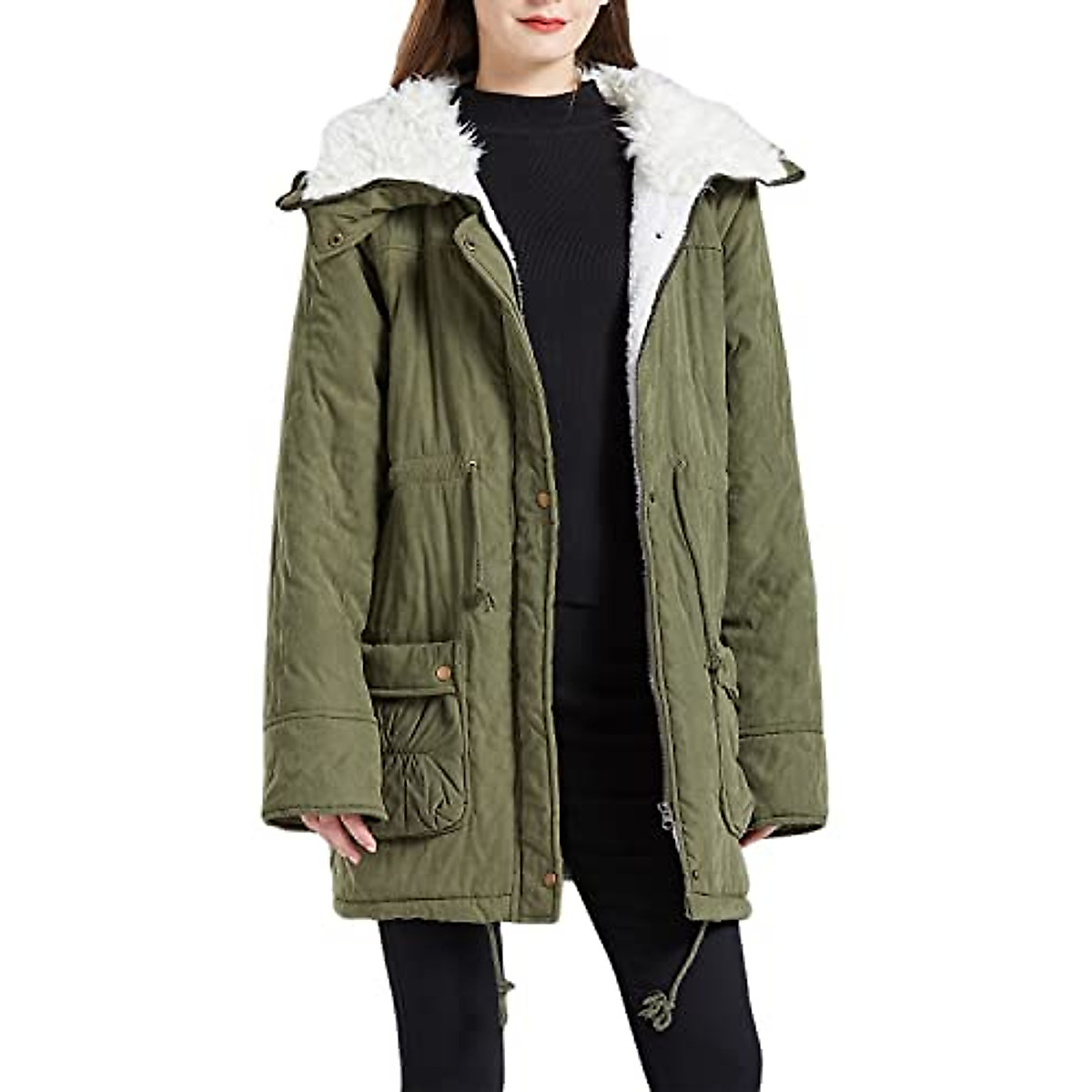 MEWOW Women's Winter Mid Length Thick Warm Faux Lamb Wool Lined Jacket Coat (M, ArmyGreen)