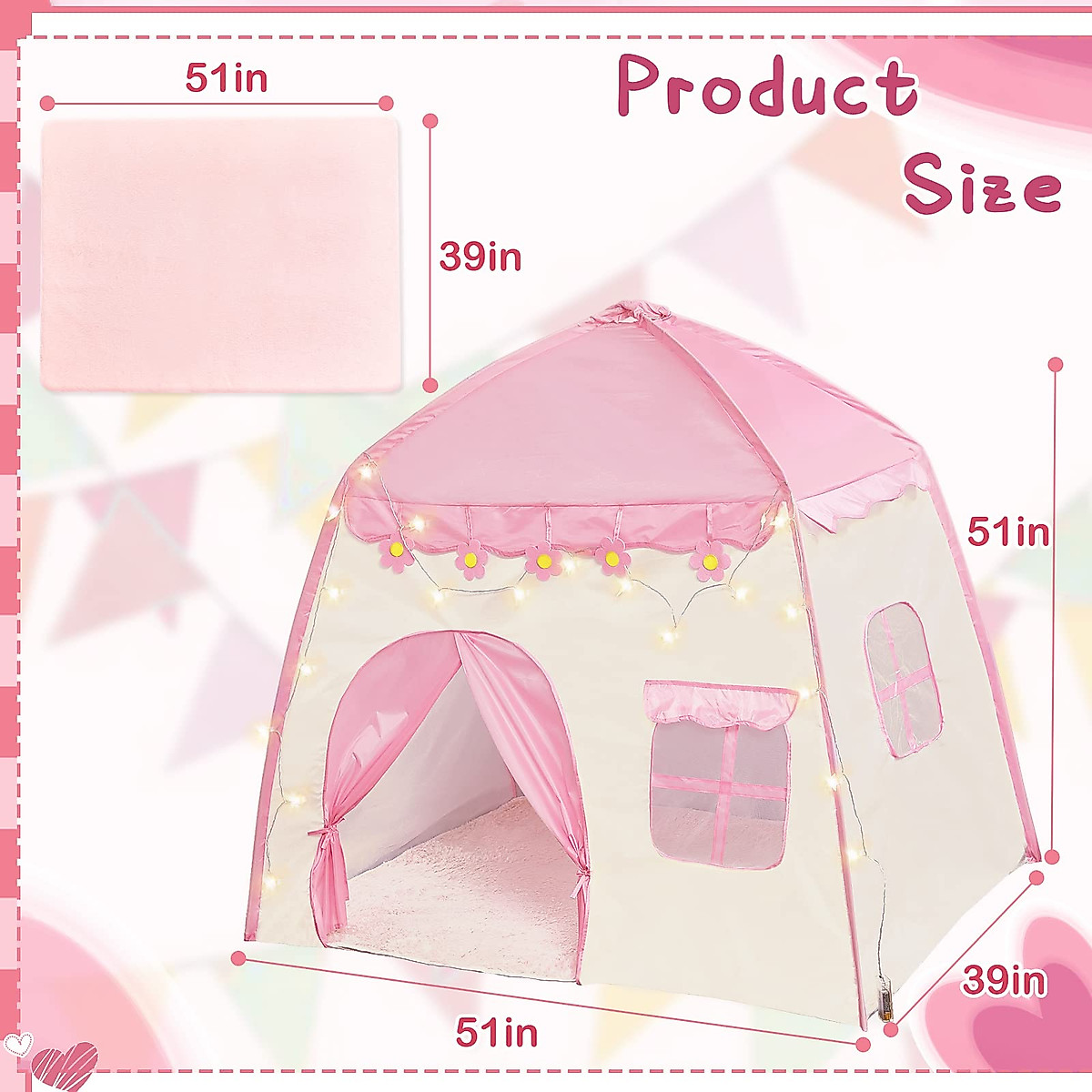 Wettarn Kids Princess Tents with Star Lights, Rug for Girls Boys Kids Gift 51 x 51 x 39 Inch Play Tent Princess Castle Playhouse Tent, Pink Castle for Indoor Outdoor Birthday Children Room