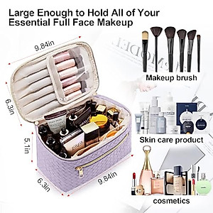 QFDS Makeup Bag,Travel Make Up Organizer Cosmetic Brush Bags Case for Women in Durable and PU Woven Plaid Leather,Portable Cosmetic Bag With Zipper Pocket (Purple)