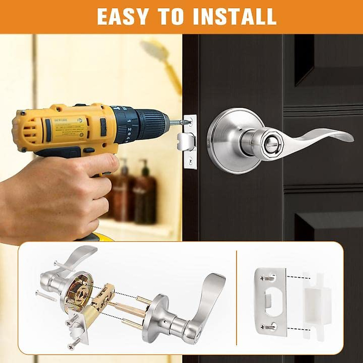 Probrico Privacy Door Levers Wave Style Handles Keyless Lock Bed Bath Door Lockset, Satin Nickel 6 Pack