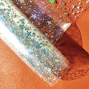 HYANG Glitter Star Solid Transparent PVC Super Clear Holographic Vinyl Faux Leather Sheets 1 Roll 12" x 47" (30cm x 120cm) for DIY Bows Earrings Bags DIY Crafts Making
