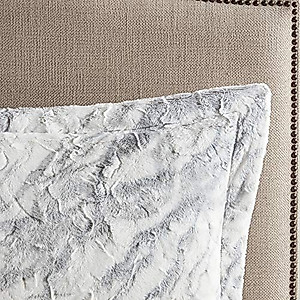 Madison Park Lana Soft Plush Comforter Set, Long Faux Faux Fur Marble Pattern, Faux Mink On The Reverse, Modern All Season Down Alternative Bedding Set with Matching Sham, King, Grey/Blue 3 Piece