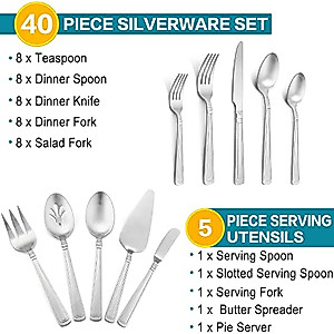 LIANYU 45 Pieces Heavy Duty Silverware Set with Serving Utensils, Fancy Stainless Steel Flatware Set for 8, Modern Cutlery Set Thick Eating Utensils for Wedding Entertaining, Dishwasher Safe
