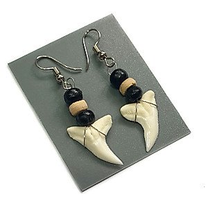 Genuine Mako Shark Tooth Earrings, Handmade Wooden Beads Dangle Shark Tooth Earrings for Women Jewelry GA056-A