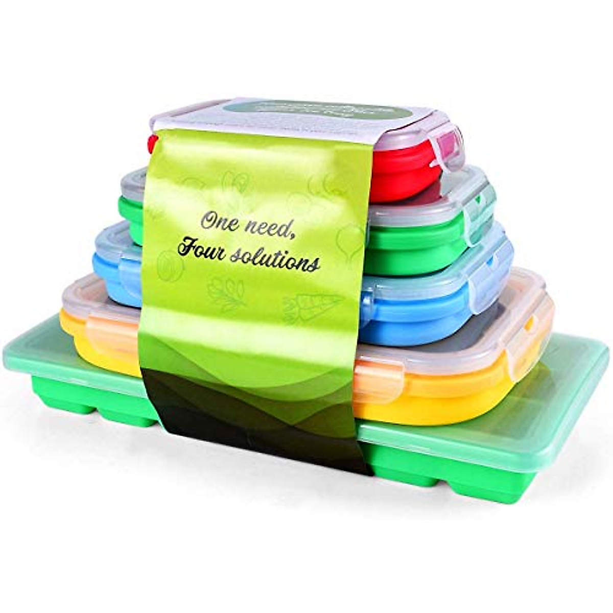 Collapsible Silicone Storage Set of 4 Plus Bonus Ice Tray - BPA Free, Microwave, Dishwasher And Freezer Safe