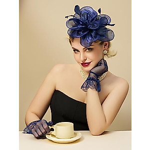 SWEETV Fascinators Hats for Women Tea Party Hat and Gloves Set for Kentucky Derby, Cocktail, Wedding, Fancy Dress Party Blue