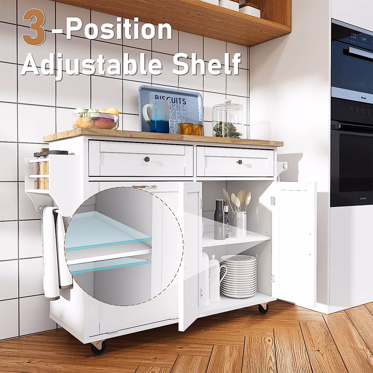 Large Kitchen Island with Drop Leaf,Kitchen Rolling Trash Cabinet Tilt Out 10 Gallon Storage W/2 Drawers,Movable Carts on Wheels with Spice Rack&Towel Rack for Home, Kitchen and Dining Room(White)