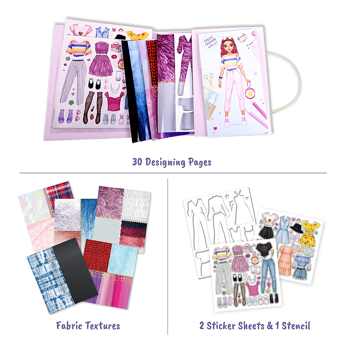 BSCOOL Fashion Studio Drawing, Coloring & Little Designer Creativity Book for Kids 4 and Up with Stickers, Stencils, Textures - Creative Fashion Design Sketchbook for Girls