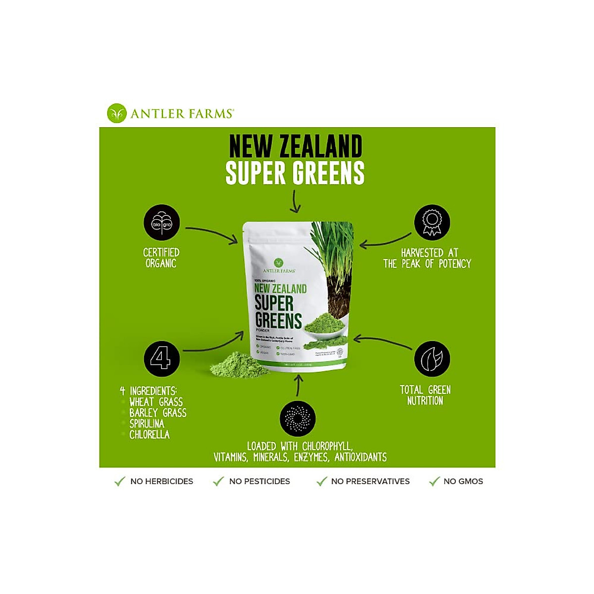 Antler Farms - 100% Pure Organic New Zealand Super Greens Powder, 40 Servings, 200g - Wheat Grass, Barley Grass, Chlorella, Spirulina - Vegan, Gluten Free, Chlorophyll Rich, for Energy and Detox