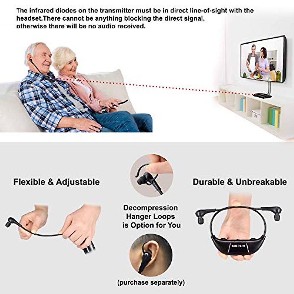 SIMOLIO Infrared Wireless TV Headphones, TV Hearing Device for Digital & Analog TVs, TV Listening Headphones for Seniors & Hard of Hearing with Voice Highlighting, Balance and Tone Adjustment SM-863D