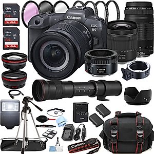 Canon EOS R5 Mirrorless Digital Camera with RF 24-105mm STM Lens + 75-300mm Lens + 50mm STM Lens +420-800mm Super Telephoto Lens + 128GB Memory + Case + Tripod + Filters (45pc Bundle)
