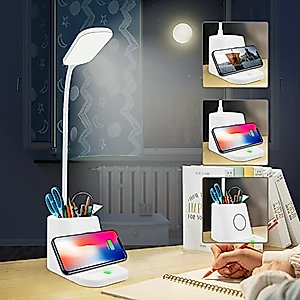 LED Desk Lamp with Wireless Charger and Organizer,Home Office Touch Reading Lamp with Pen Holder/Storage,Stepless Dimming 3 Color Modes,360°Flexible Gooseneck Eye Caring Desk Light-Study/College Dorm