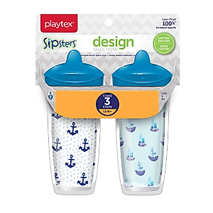 Playtex Baby Sipsters Stage 3 Spill-Proof, Leak-Proof, Break-Proof Spout Cup for Boys - Blue, Limited Edition, 9 Oz, 2 Count