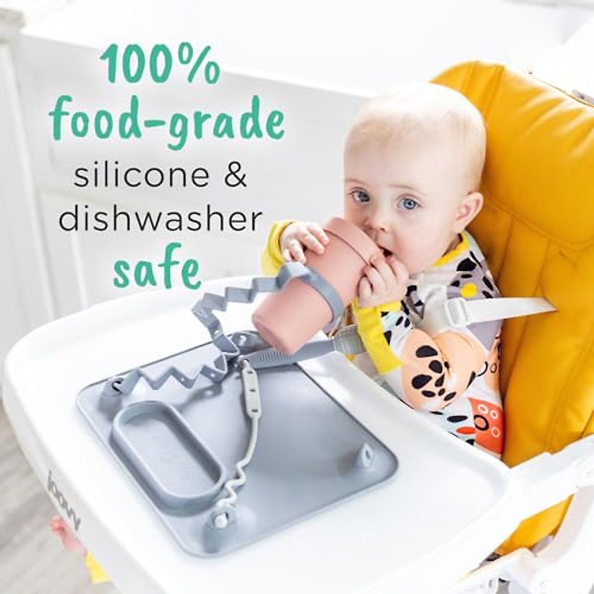 BUSY BABY Silicone Mat - Suction Cups, 4 Straps to Secure Baby Essentials, Self Feeding, Baby Led Weaning, Travel Sleeve Included (Olive)