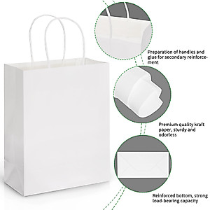 Moretoes 150pcs White Paper Bags, 8x4x10 Inches Medium Gift Bags with Handles Bulk, Kraft Paper Bags, Retail Bags, Small Business, Shopping Bags