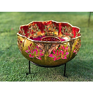 Crafty Jaipur Iron Lotus Urli/Pot -Floating Flower/Candle Festive/Diwali/Wedding Decor Set of 13 Pieces: 14/12/10 with Stand,7 Votives/Bowl of 3.5 inch Festival/Wedding/Christmas Decoration, Golden