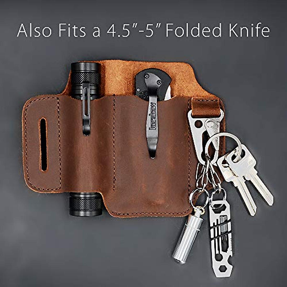 XXL EDC Leather Sheath, Leather Knife Belt Sheath Organizer, Tool Pouch Sheath for Most Leatherman Multitools, Key Ring Holder Fob, Holster for 5 inch Knives, Fit Most Tactical Flashlights. Chestnut.