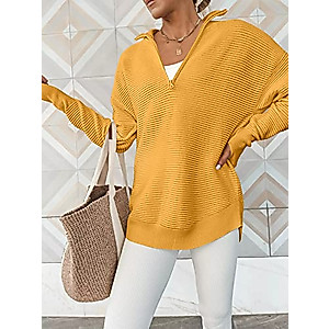 ANRABESS Women's 2025 Fall Long Sleeve Half Zip Casual Oversized Ribbed Knit Pullover Sweater Top Thumb Hole Trendy Outfits Yellow X-Large