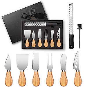 HyChill Cheese Knife Set 8-Piece Cheese Knife with Acacia Wood Handle Stainless Steel Cheese Slicer Cheese Cutter with Cheese Grater & Brush，Perfect Gift for Holiday, Birthday(C)