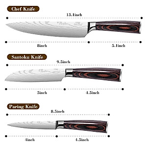3Pcs Professional Chef Knife Set, German High Carbon Stainless Steel Chef Knife Santoku Knife Paring Knife with Pakkawood Handle and Gift Box