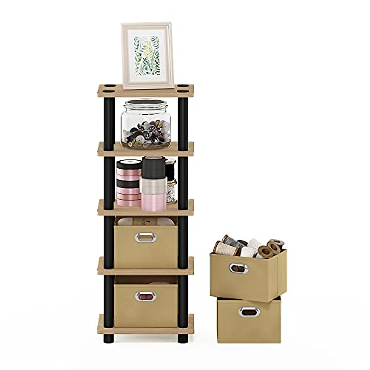 FURINNO LAci 4-Bins System Rack, Oak/Black/Light Brown