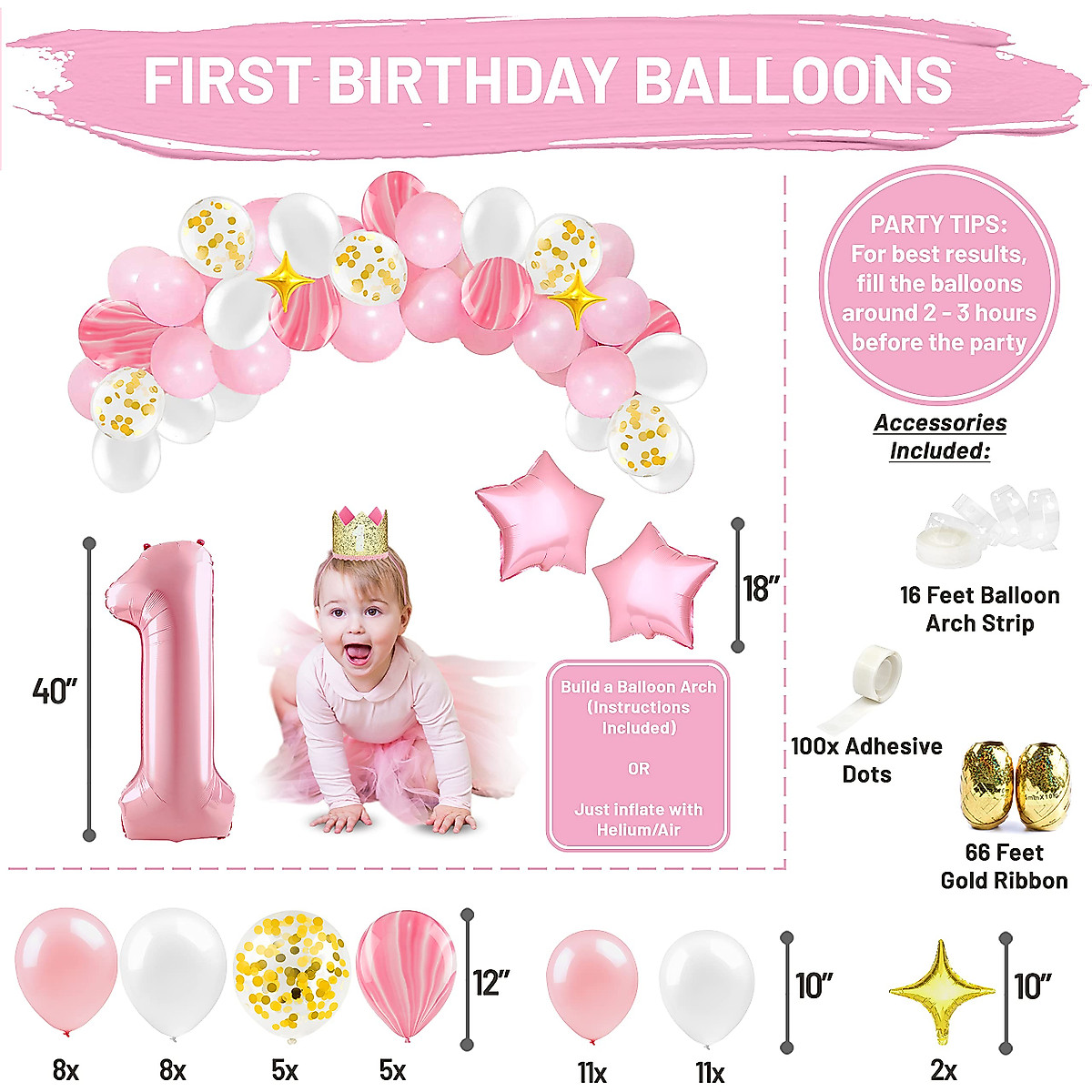Baby Girl First Birthday Decorations - 1st Birthday Girl Decoration Pink Gold Party Supplies - Happy First Birthday Banner, Number 1 Balloon and Crown, Balloon Arch, High Chair Banner, ONE Cake Topper