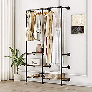 HEONITURE Industrial Pipe Clothing Rack with Shelves, Wall Mounted Garment Rack, Heavy Duty Choset Clothes Rack for Indoor Bedroom and as walk-in Closet System(Black)