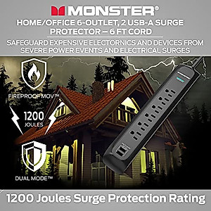 Monster 6ft Heavy Duty Black Power Strip and Tower Surge Protector, 1200 Joule Rating, 6 120V-Outlets, and 2 USB-A Ports- Ideal for Computers, Home Theatre, Home Appliances, and Office Equipment
